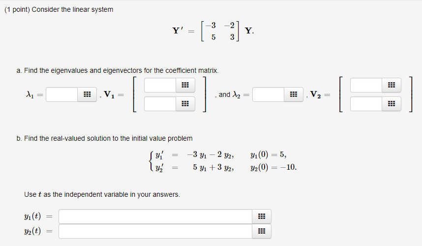 Solved (1 point) Consider the linear system -3 -2 Y' - [ 3 ] | Chegg.com