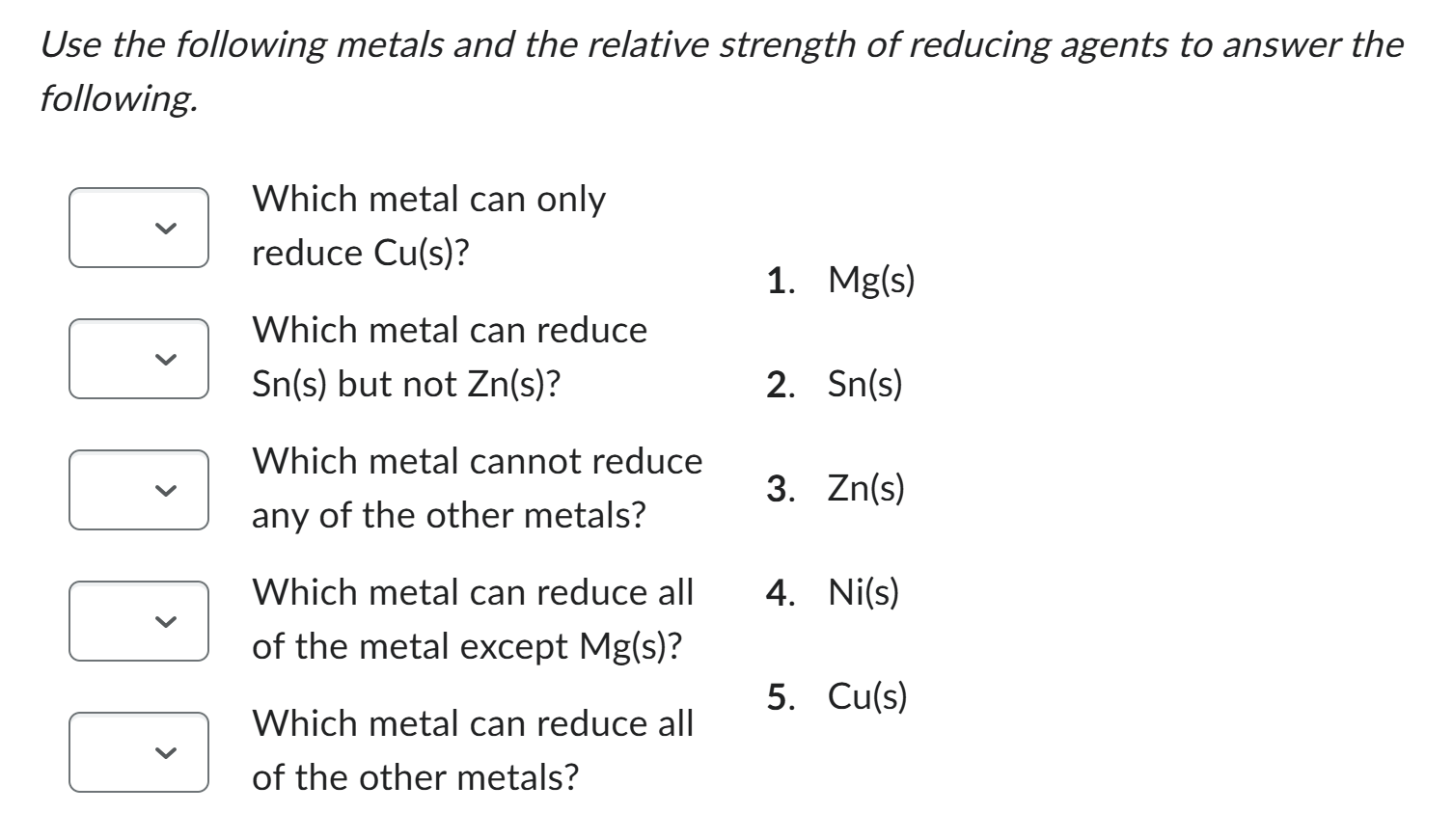 Solved Use the following metals and the relative strength of | Chegg.com