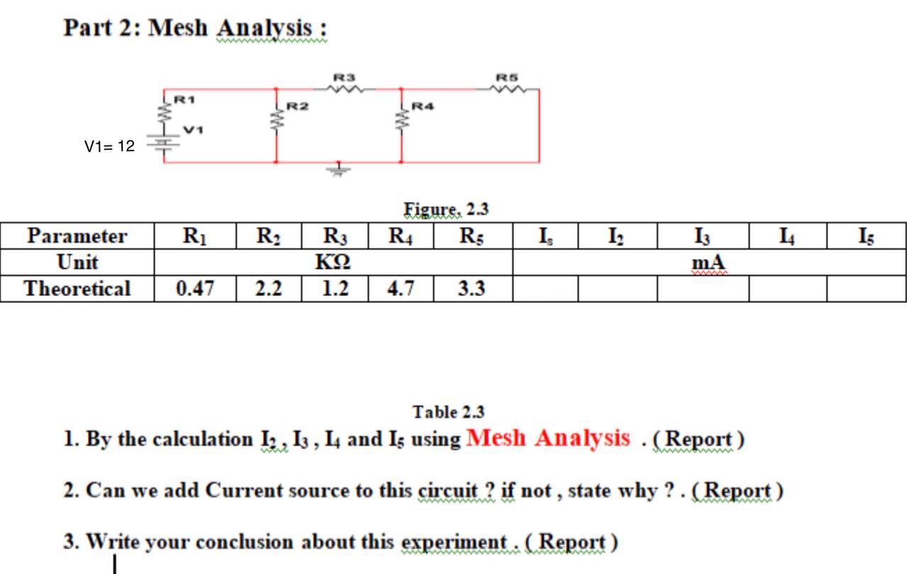 Solved Part 2: Mesh Analysis : R3 R5 R1 R2 R4 V1= 12 Figure, | Chegg.com