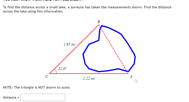 Solved To find the distance across a small lake, a surveyor | Chegg.com