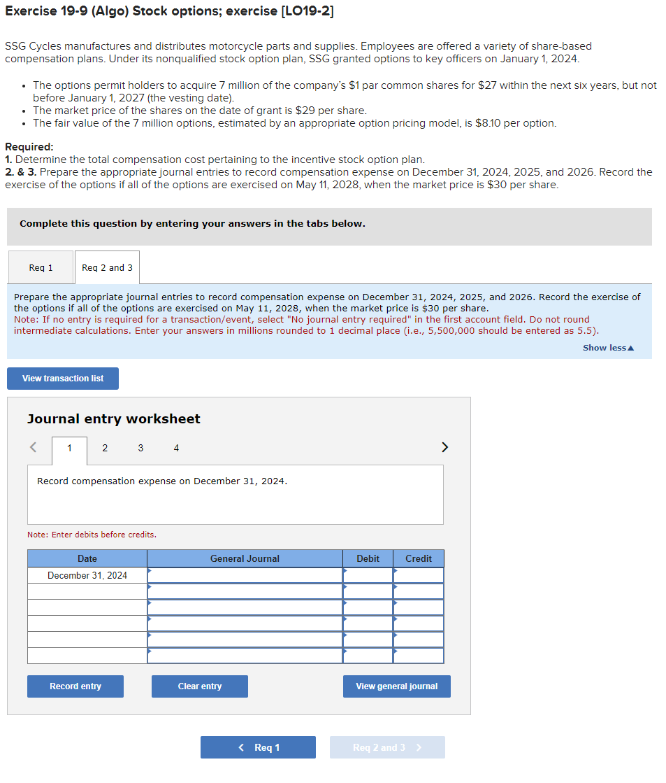Solved Exercise 19-9 (Algo) Stock options; exercise [LO19-2] | Chegg.com