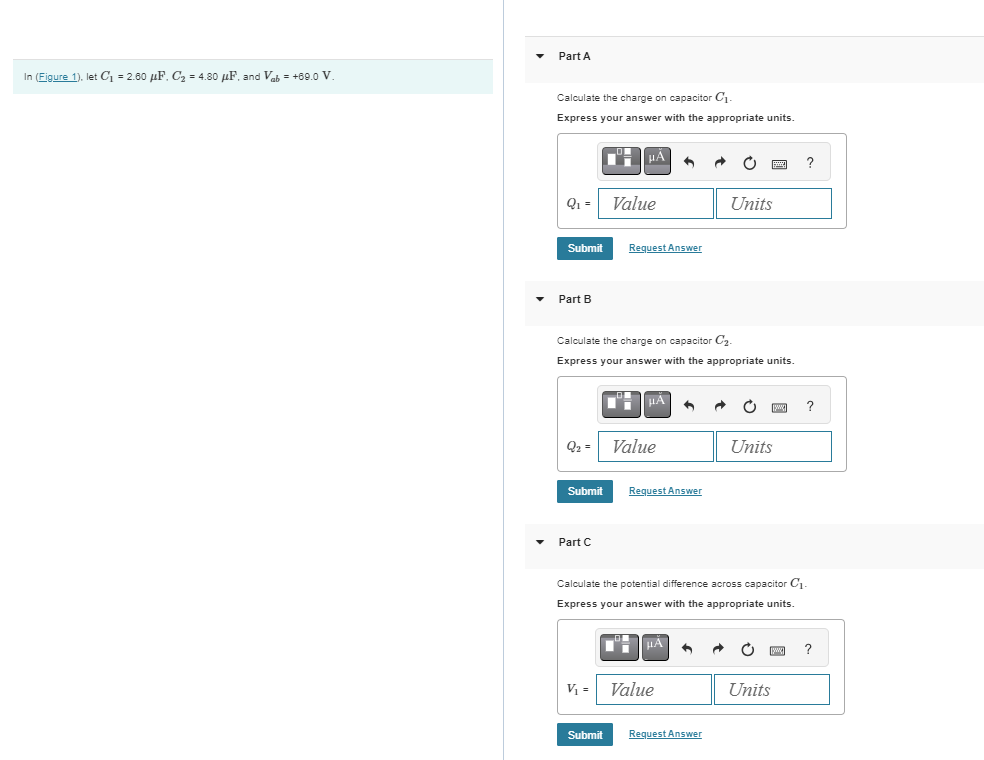 Solved In (Figure 1), ﻿let C1=2.60μF.C2=4.80μF, ﻿and | Chegg.com