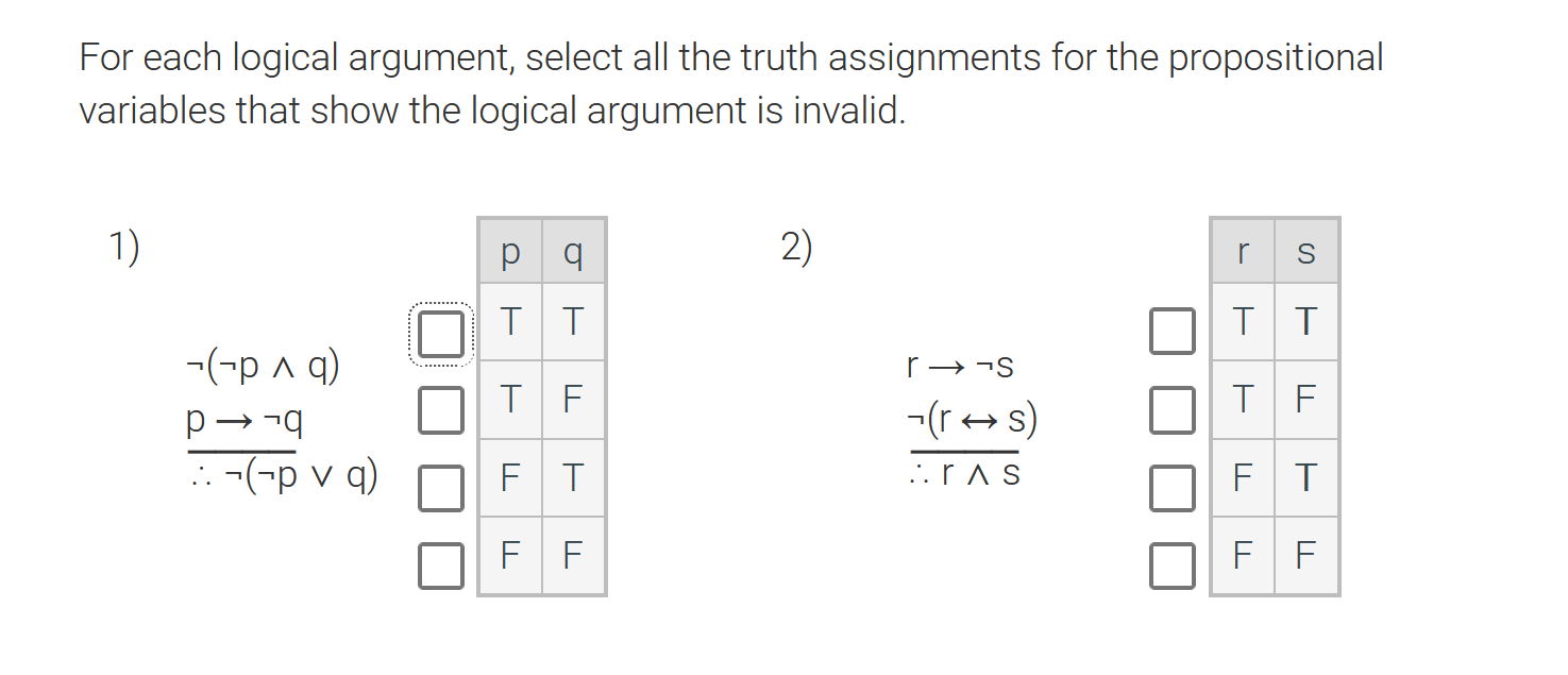Solved For each logical argument, select all the truth | Chegg.com