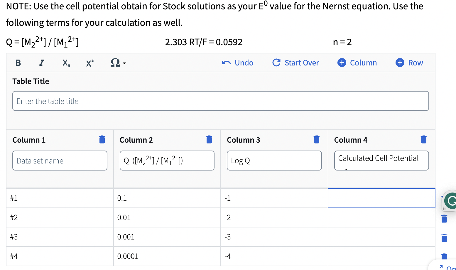 NOTE: Use the cell potential obtain for Stock | Chegg.com