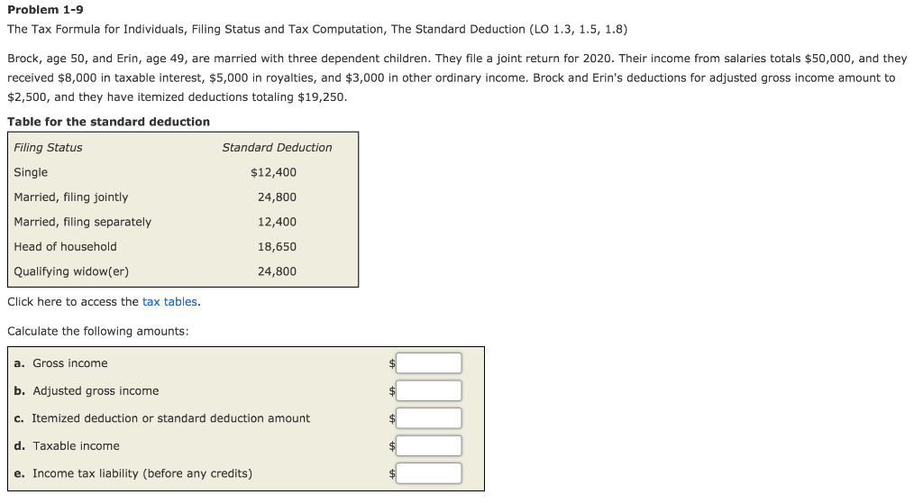 Solved Problem 1-9 The Tax Formula for Individuals, Filing | Chegg.com