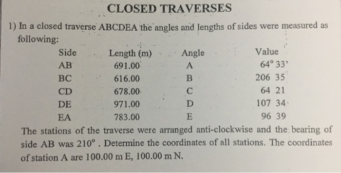 Solved CLOSED TRAVERSES 1) In a closed traverse ABCDEA the | Chegg.com