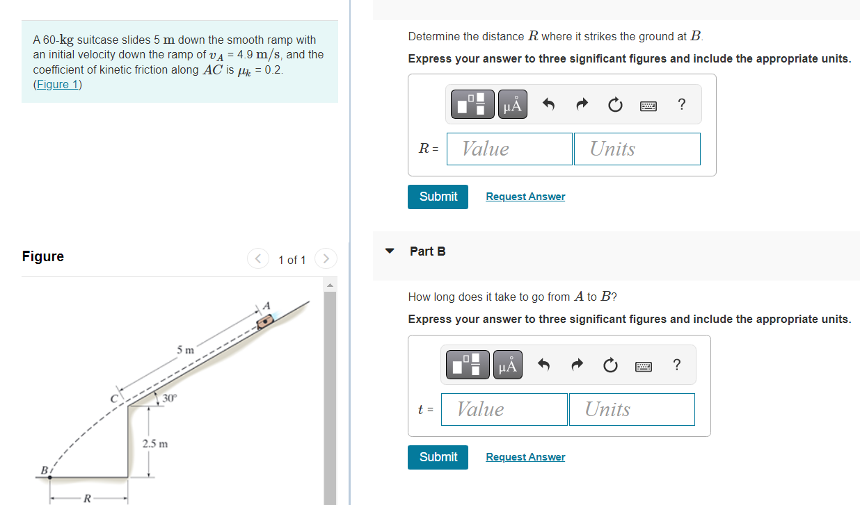 Solved A 60-kg suitcase slides 5 m down the smooth ramp with | Chegg.com