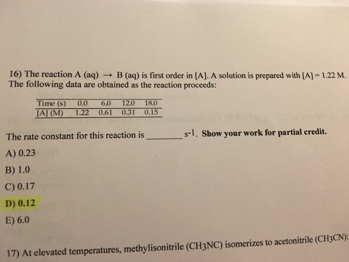 Solved The reaction A (aq) rightarrow B (aq) is first order | Chegg.com