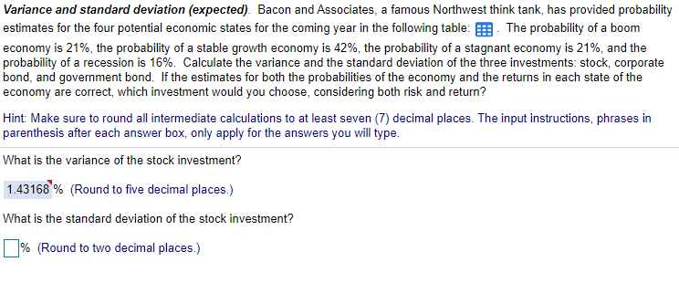 Solved Variance and standard deviation (expected). Bacon and | Chegg.com