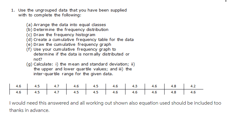 Solved 1. Use the ungrouped data that you have been supplied | Chegg.com