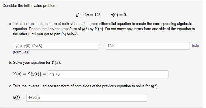 Solved Consider the initial value problem y′+2y=12t,y(0)=9. | Chegg.com
