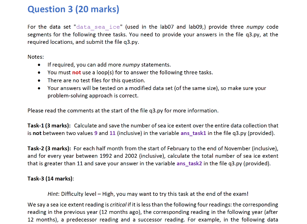 Question 3 (20 marks) For the data set "data_sea_ice" | Chegg.com