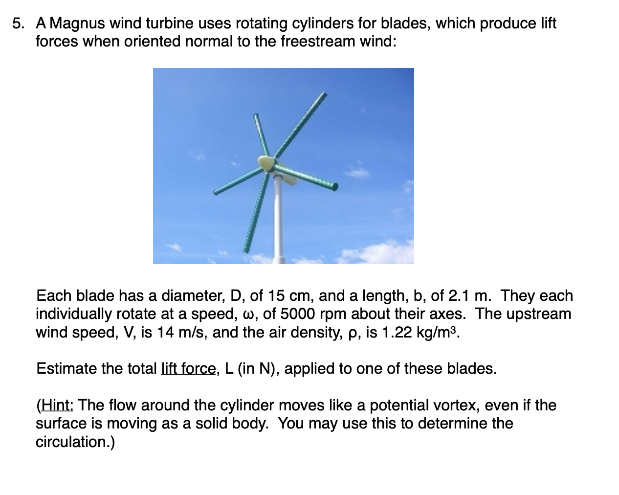 Solved 5. A Magnus wind turbine uses rotating cylinders for | Chegg.com