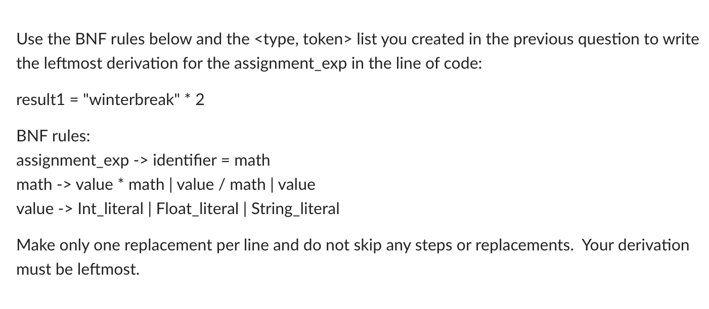 Use the BNF rules below and the list you created in | Chegg.com