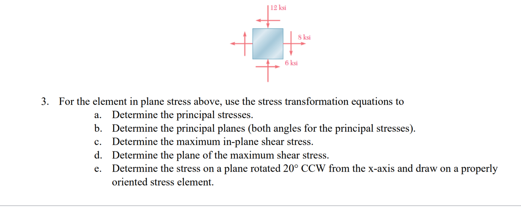 Solved 12 ksi 8 ksi + 6 ksi 3. For the element in plane | Chegg.com