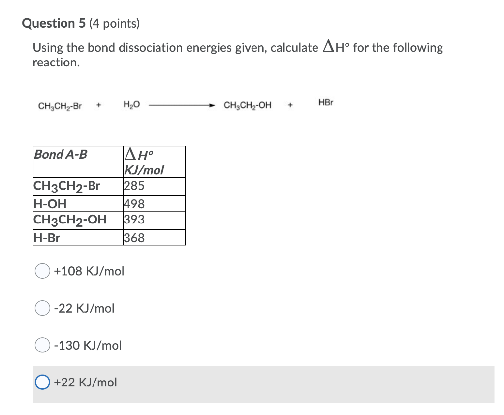 Solved Question 5 (4 points) Using the bond dissociation | Chegg.com