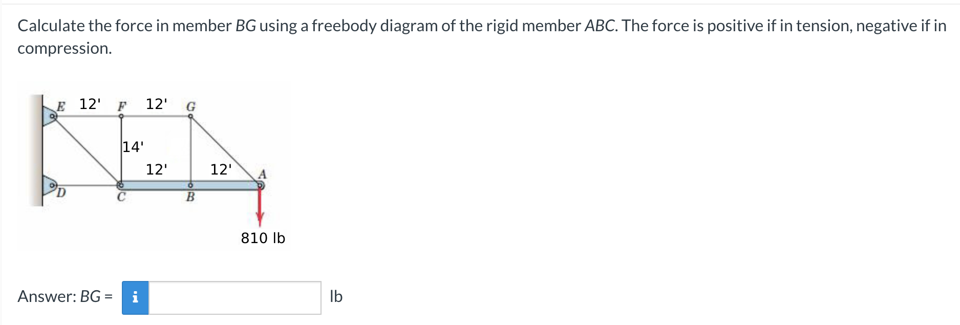 Solved Calculate the force in member BG using a freebody | Chegg.com