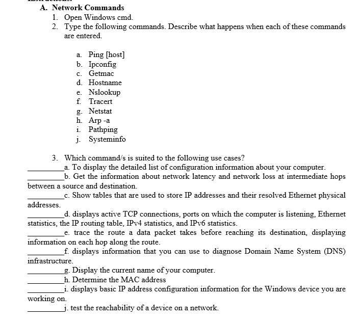 Solved A. Network Commands 1. Open Windows cmd. 2. Type the | Chegg.com