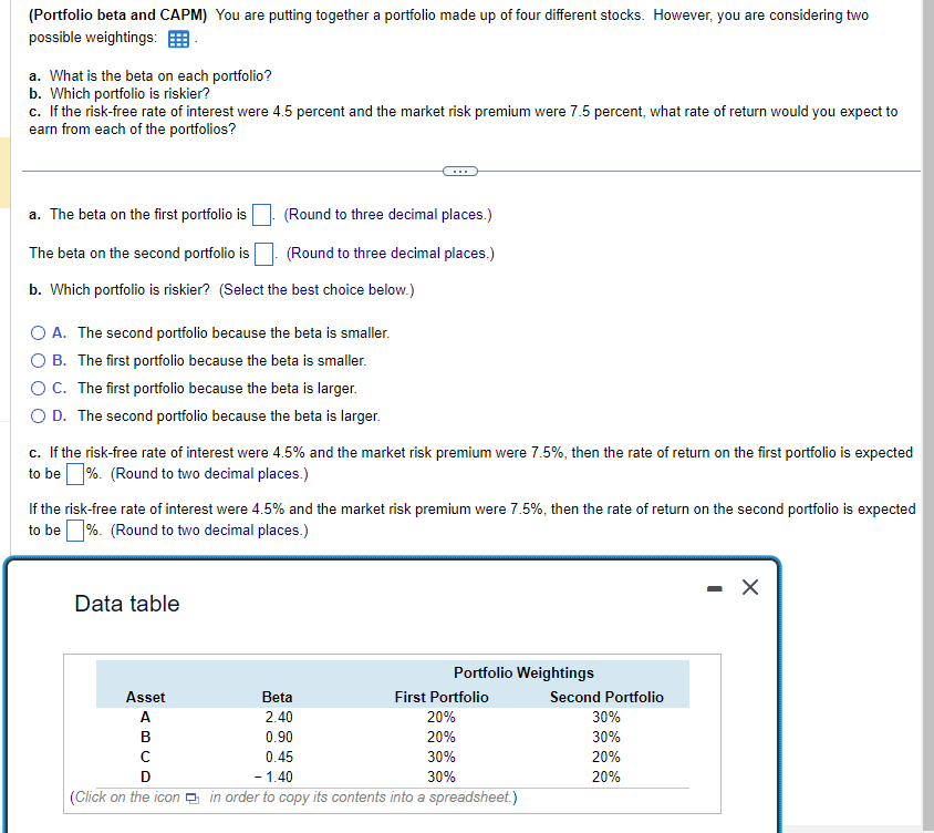 Solved (Portfolio beta and CAPM) You are putting together a | Chegg.com