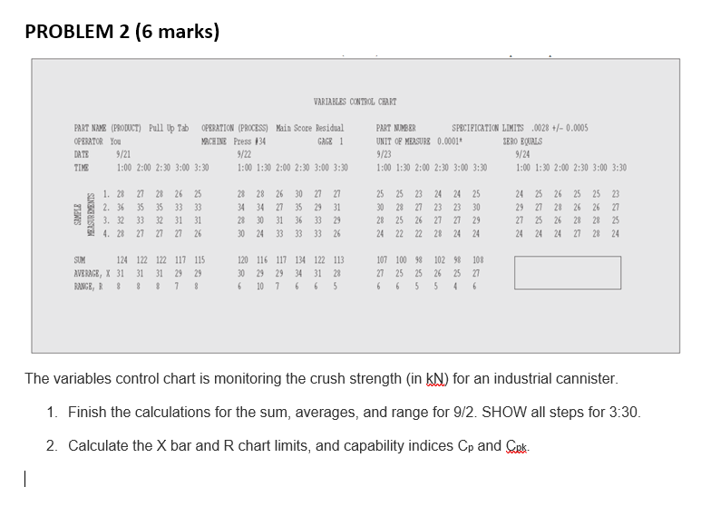 Solved PROBLEM 2 (6 marks) VARIABLES CONTROL CHART PART NAME | Chegg.com