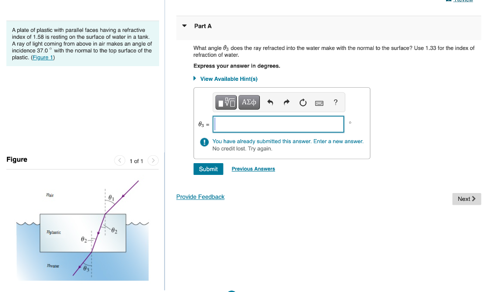 Solved A plate of plastic with parallel faces having a | Chegg.com