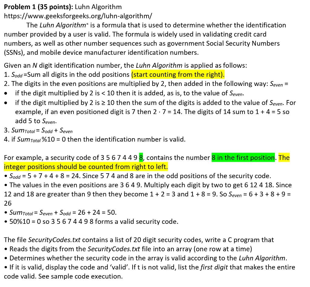 Problem 1 (35 points): Luhn Algorithm | Chegg.com