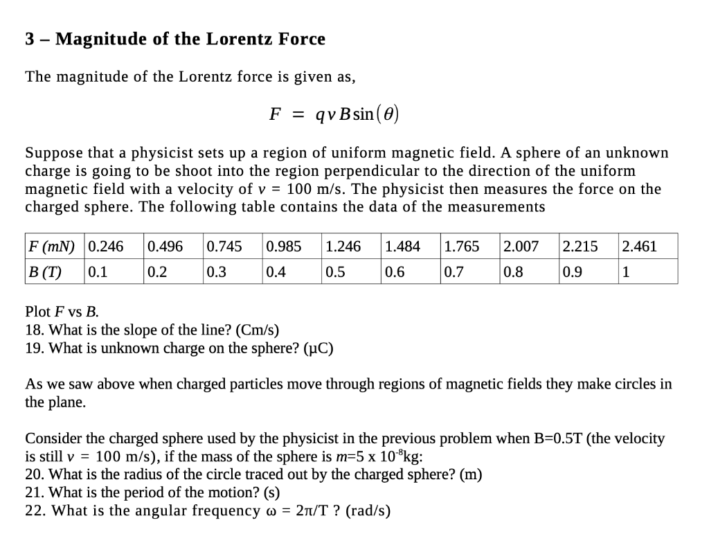 Solved 3 – Magnitude of the Lorentz Force The magnitude of | Chegg.com