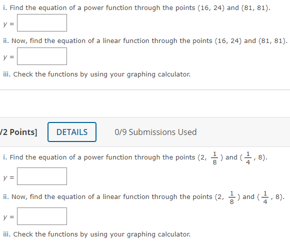 Solved i. Find the equation of a power function through the | Chegg.com