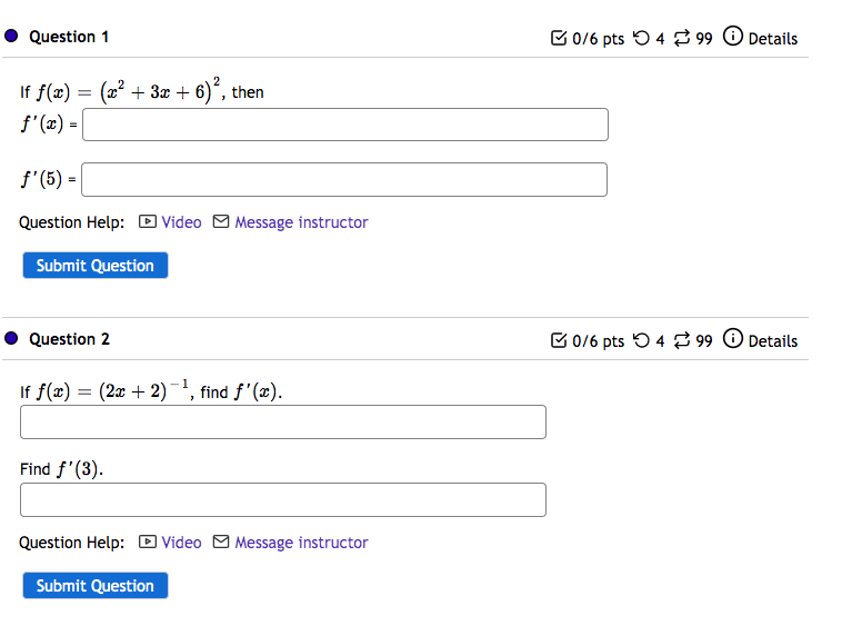 Solved If f(x)=(x2+3x+6)2, then f′(x)=( f′(5)= Question | Chegg.com