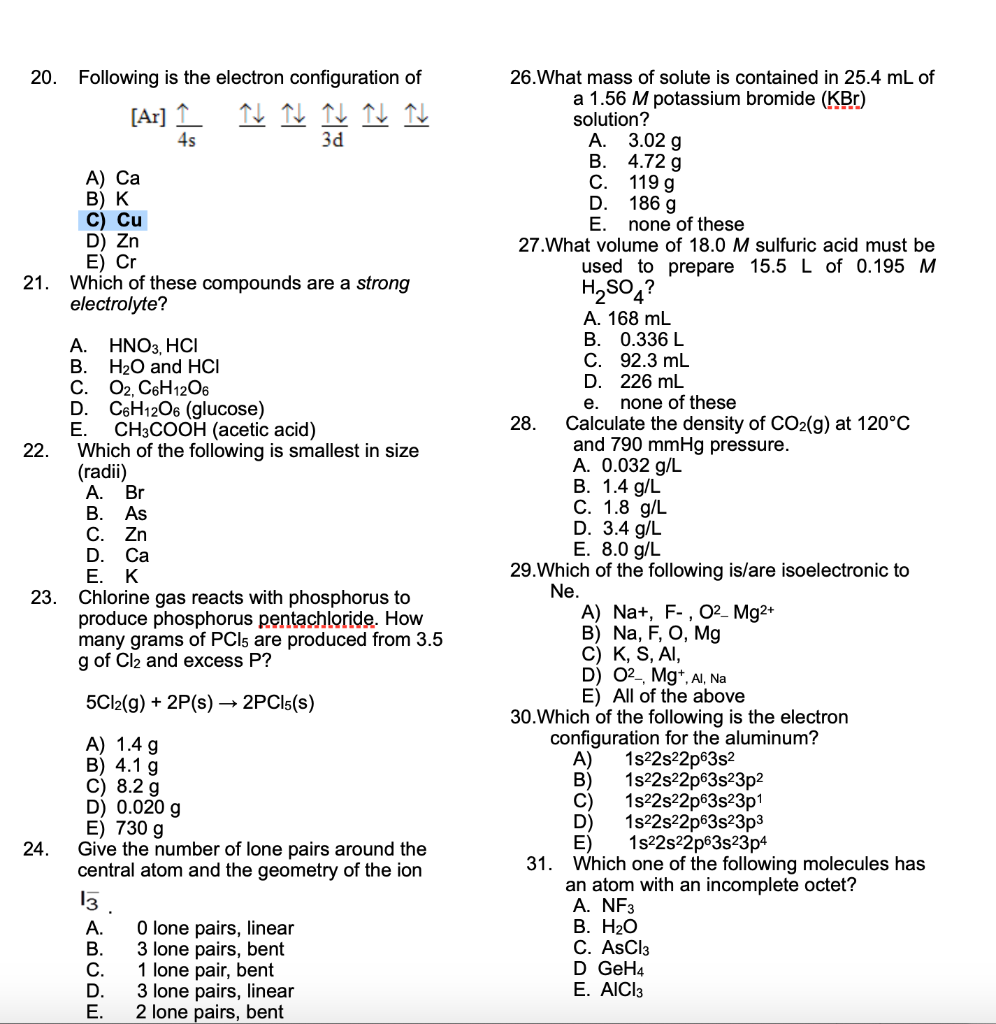 Solved 20. Following is the electron configuration of [Ar] I | Chegg.com