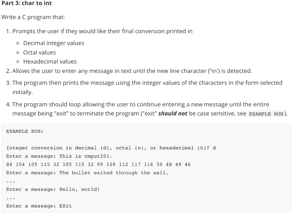 Solved Part 3: char to int Write a C program that: 1. | Chegg.com