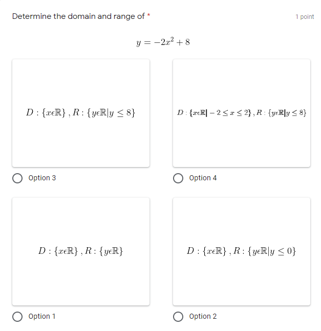 Solved Determine the domain and range of * 1 point y = -22+8 | Chegg.com