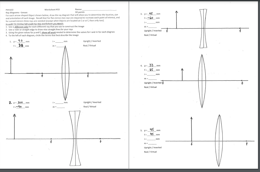 Solved PHY222 Worksheet H13 Name: Ray Diagrams - Lenses 10 | Chegg.com