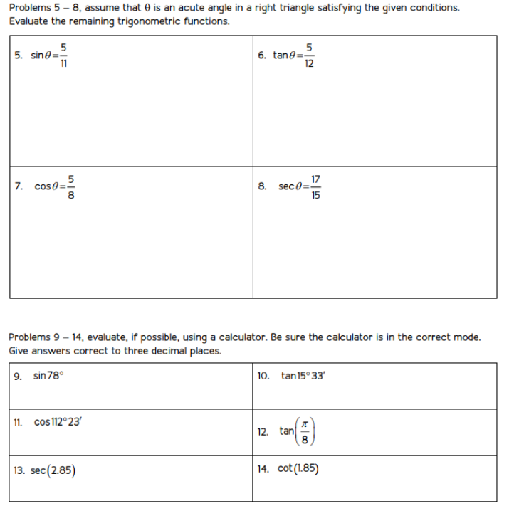 Solved Problems 5 - 8, assume that is an acute angle in a | Chegg.com