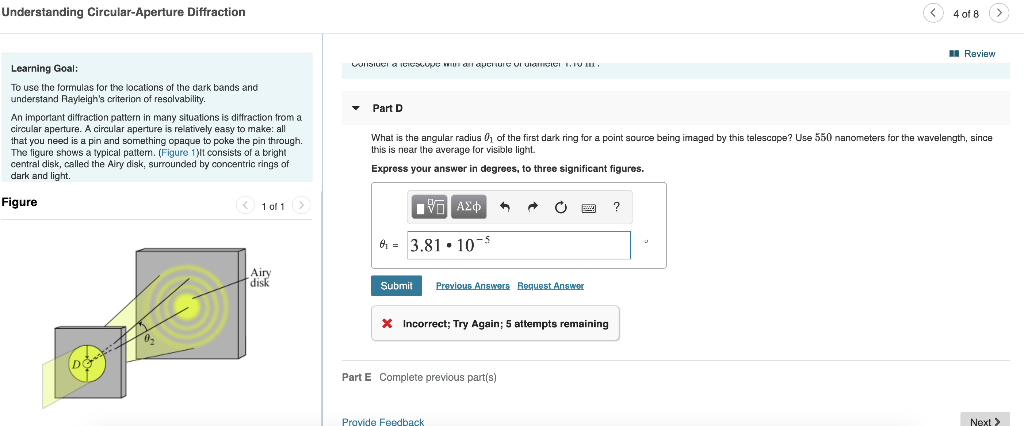 Solved: Understanding Circular-Aperture Diffraction 4 Of 8... | Chegg.com