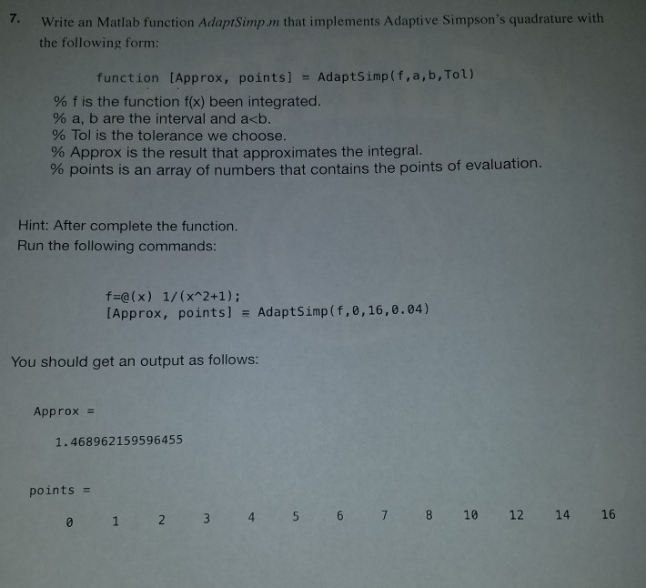 (Solved) : 7 Write Matlab Function Adaptsimpm Implements Adaptive ... (Solved) : 7 Write Matlab Function Adaptsimpm Implements Adaptive ...