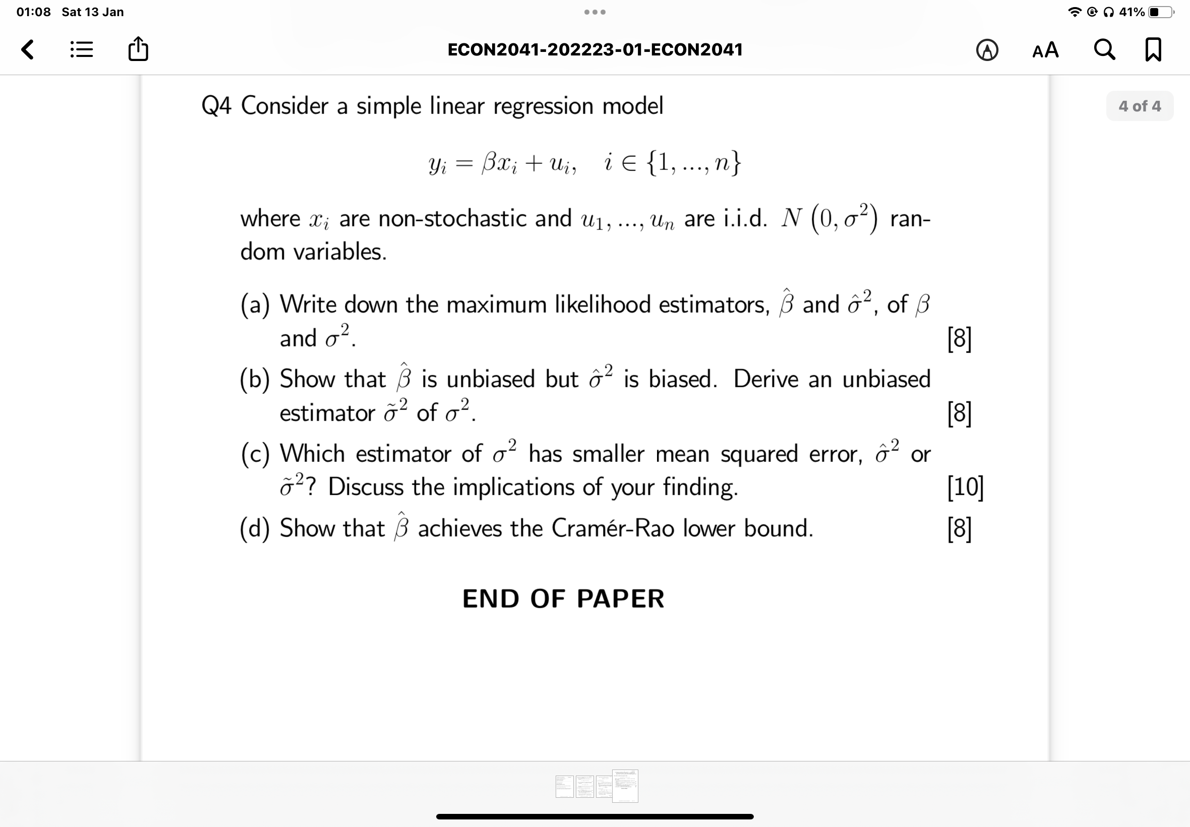 Solved Q4 ﻿Consider a simple linear regression | Chegg.com
