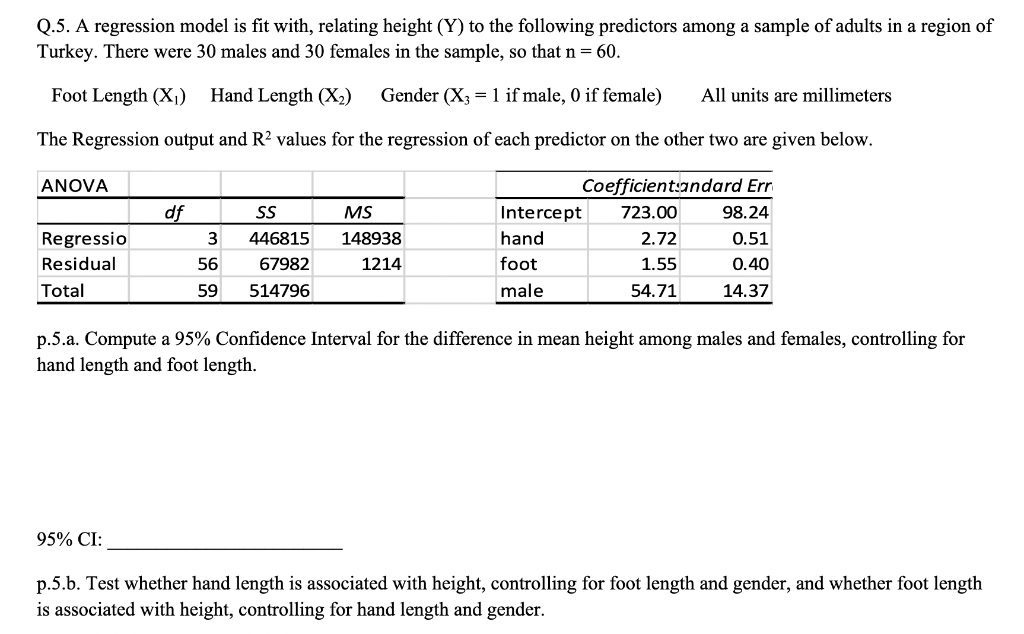 Q.5. A regression model is fit with, relating height | Chegg.com