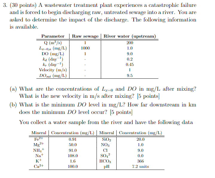 Solved 3. (30 points) A wastewater treatment plant | Chegg.com