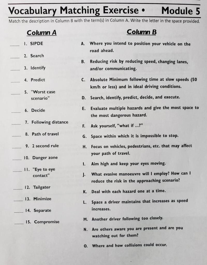 Vocabulary Matching Exercise Module 5 Match the | Chegg.com