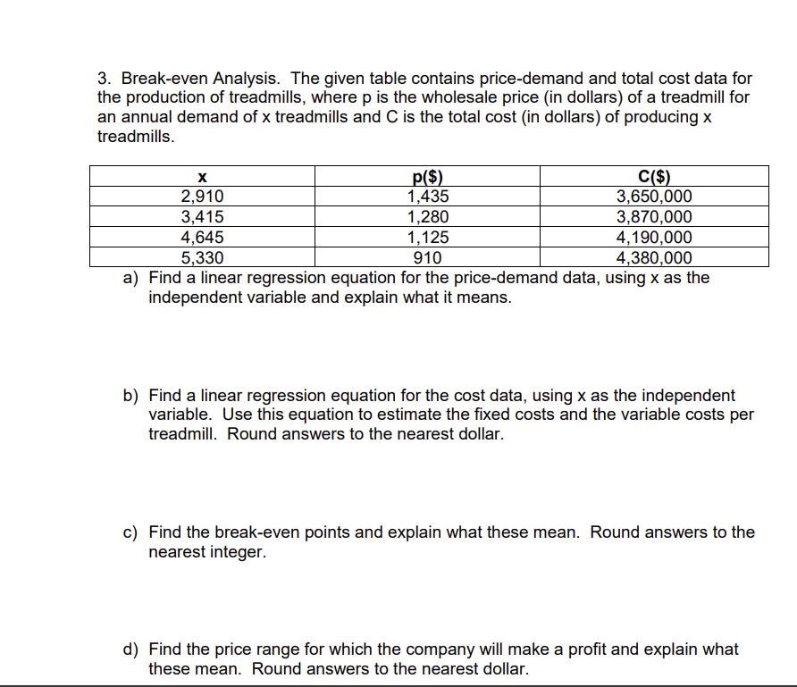 Solved Break-even Analysis. The given table contains | Chegg.com