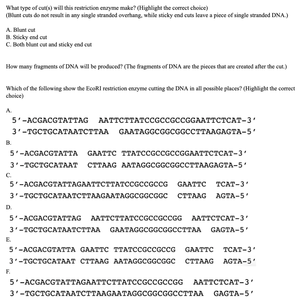 Solved 2. Find the Restriction Enzyme Sites EcoRI | Chegg.com