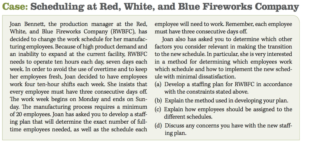 Solved Case: Scheduling at Red, White, and Blue Fireworks | Chegg.com