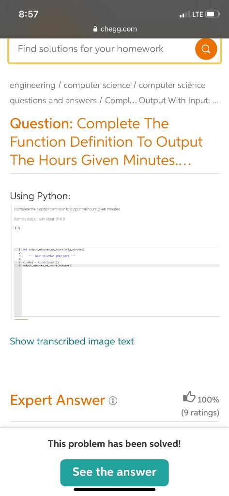 Solved 8:57 LTE O chegg.com Find solutions for your homework | Chegg.com