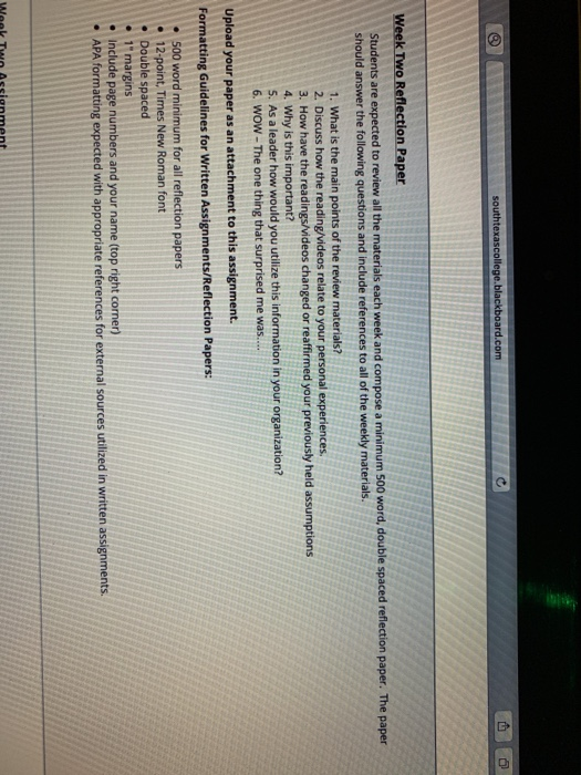 Week Two Reflection Paper 500 word, double spaced | Chegg.com