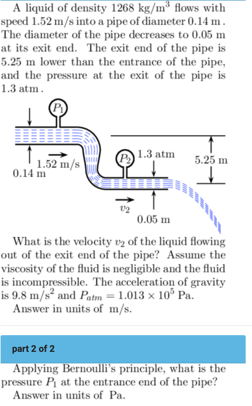 Solved A liquid of density 1268 kg/m3 flows with speed 1.52 | Chegg.com