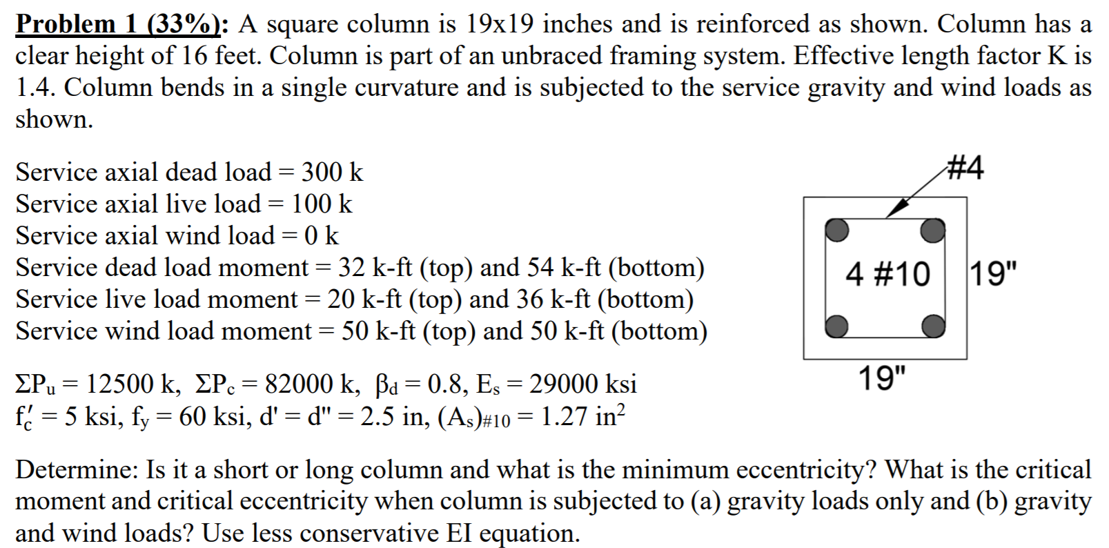 Problem 1 (33%): A square column is 19x19 inches and | Chegg.com