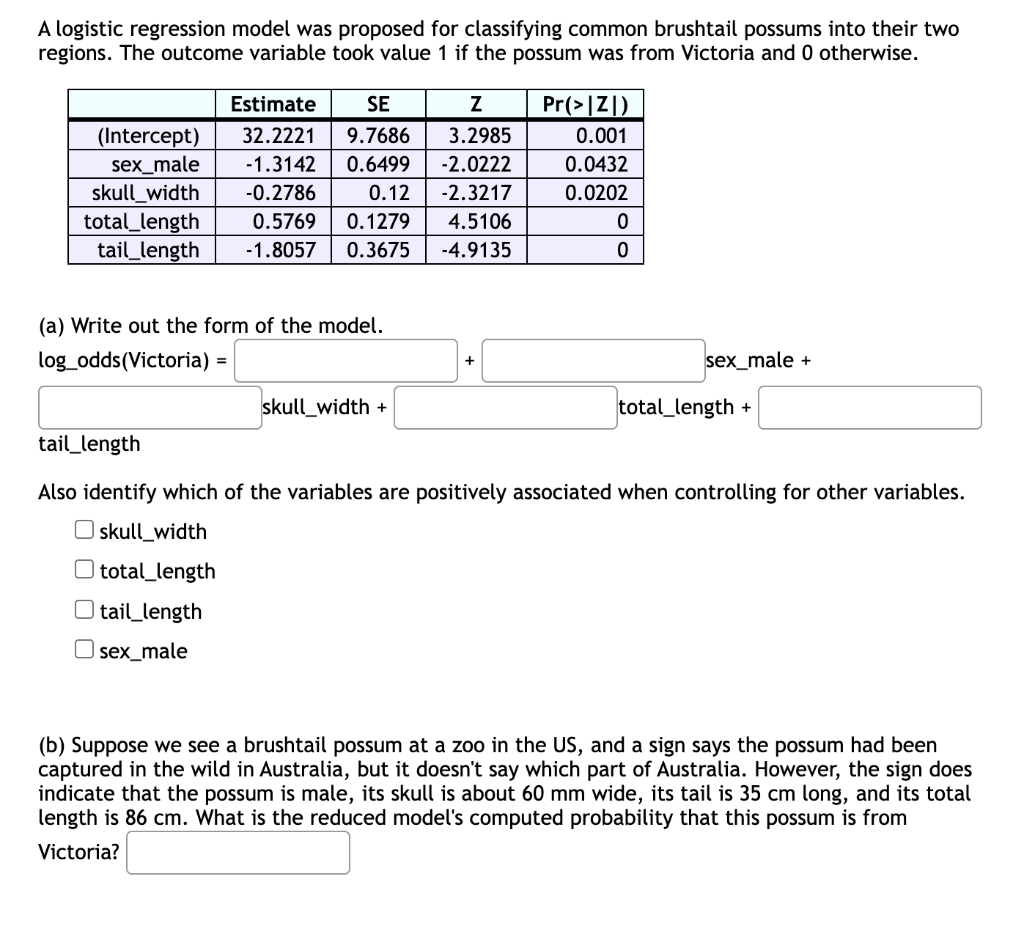 Solved A Logistic Regression Model Was Proposed For