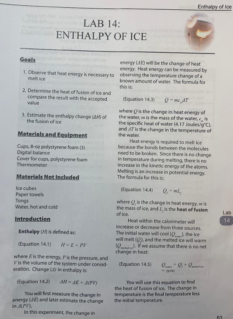 Solved Enthalpy of Ice LAB 14: ENTHALPY OF ICE Goals energy | Chegg.com