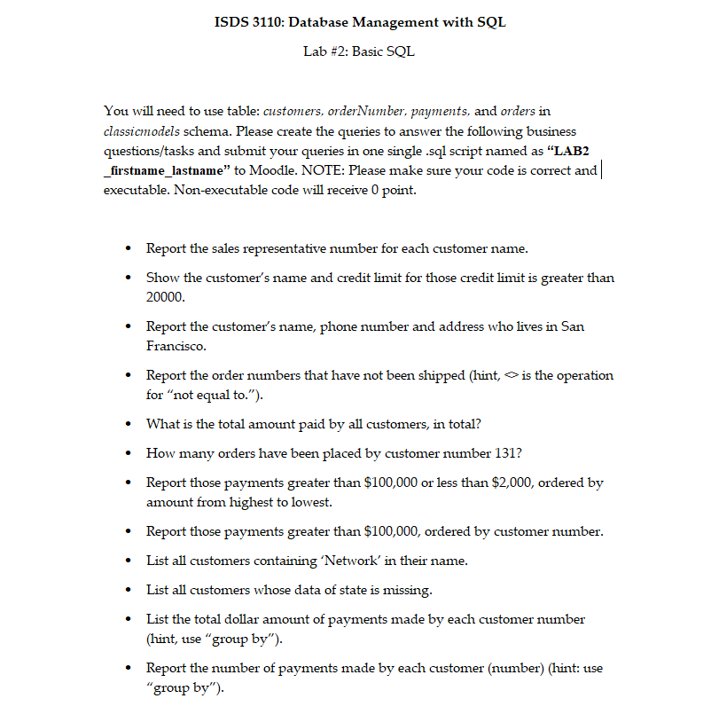 Solved ISDS 3110: Database Management with SQL Lab #2: Basic | Chegg.com